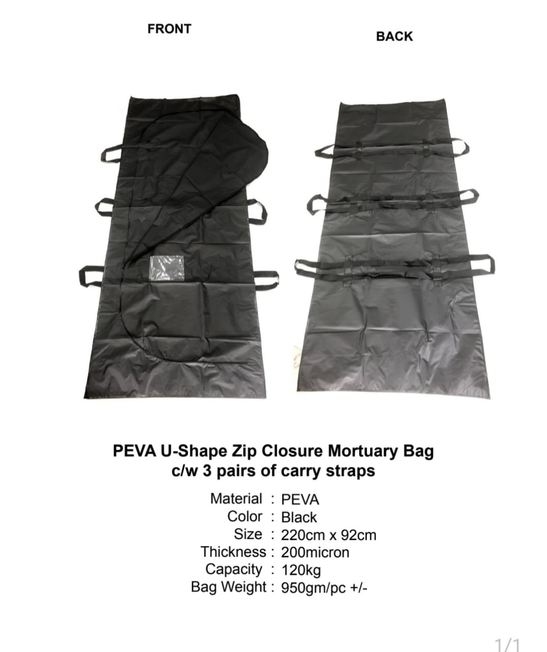 PEVA U-Shape Zip Closure Mortuary Bag c/w 3 Pairs of carry Straps ...